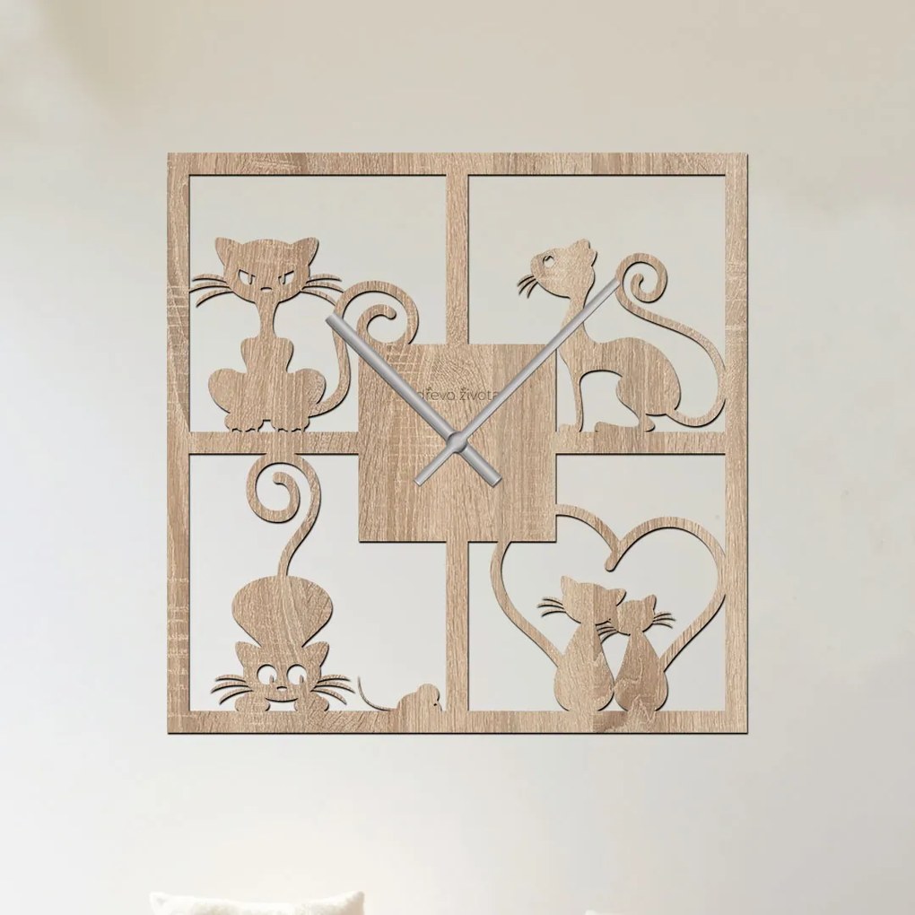 dřevo života Nástěnné hodiny KOČKY Zvolte barvu dekoru: Wenge, Zvolte velikost hodin (cm): 40x40, Barva ručiček: Stříbrné