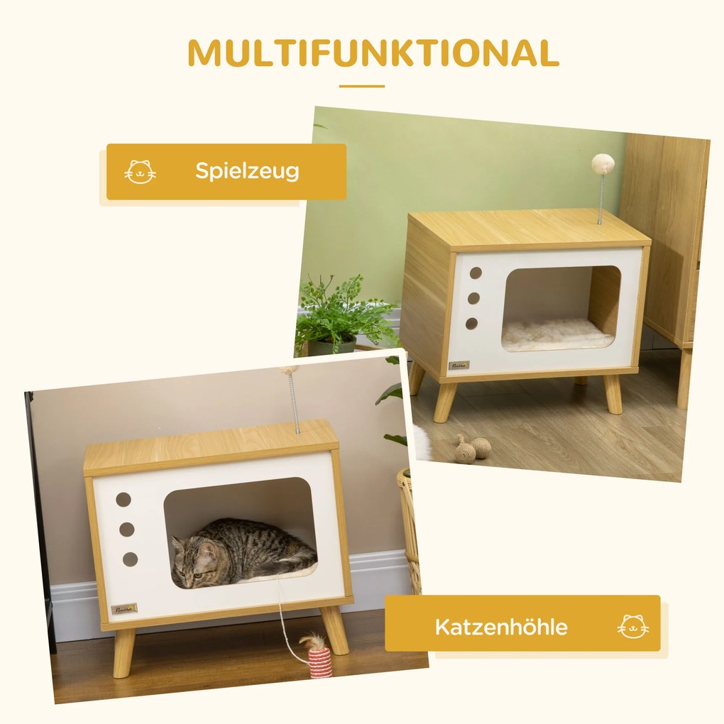 Domeček pro kočky PawHut v TV designu, míček a polštářek v ceně, koš pro kočky, dub/béžová/bílá, 50x28x43cm