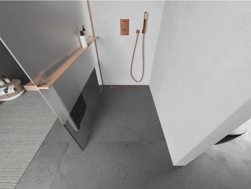Mexen Kioto+, sprchová zástěna Walk-In s poličkou a věšákem 100 x 200 cm, 8mm čiré sklo-námraza, měděný matný profil, 800-100-121-65-35