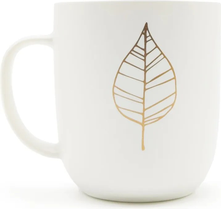 Porcelánový hrnek Pure Gold, bílý, 400 ml – tichý luxus, motiv zlatého listu, matný povrch