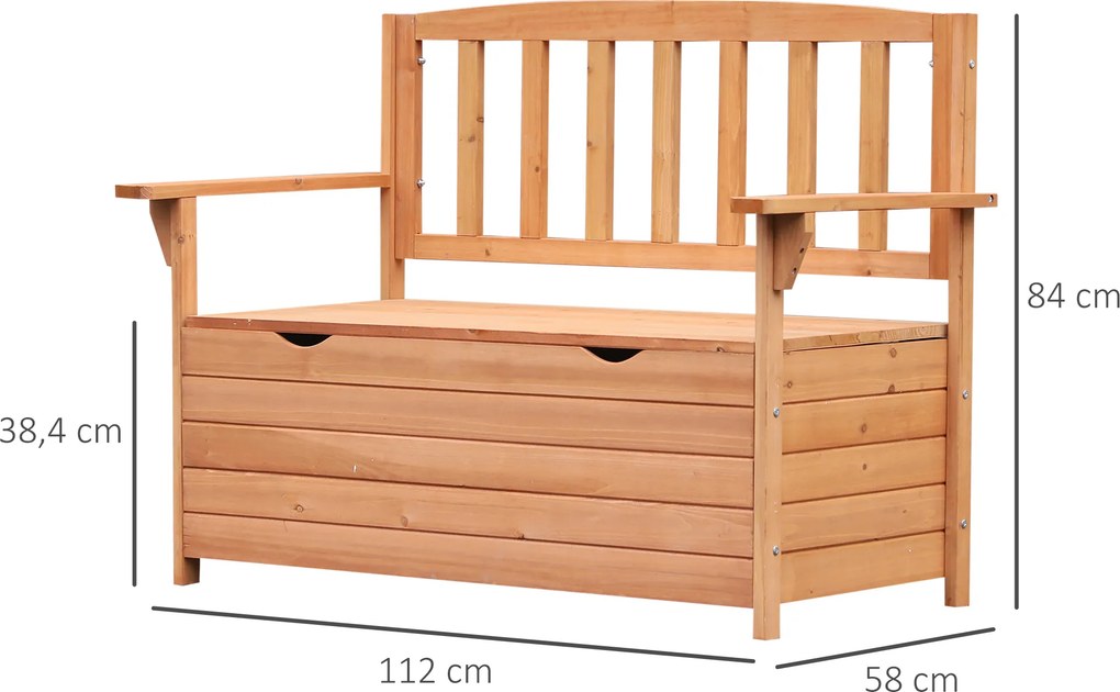 Outsunny zahradní lavička z borovicového dřeva s úložným prostorem, rozměry 112D x 58Š x 84V cm