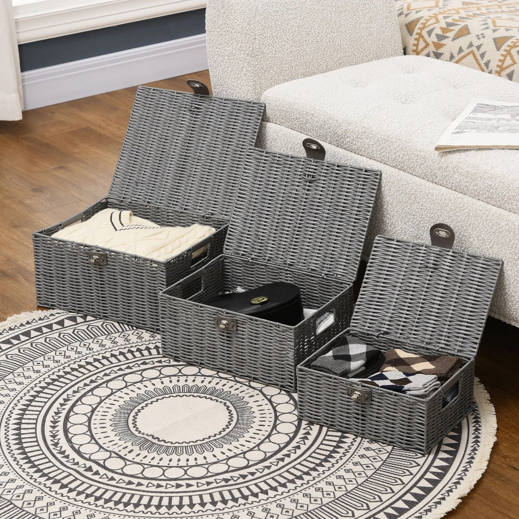 HOMCOM Úložné boxy sada 3 ks s víkem a přezkami 18L 12L 7L do obývacího pokoje Šedá | Aosom.de