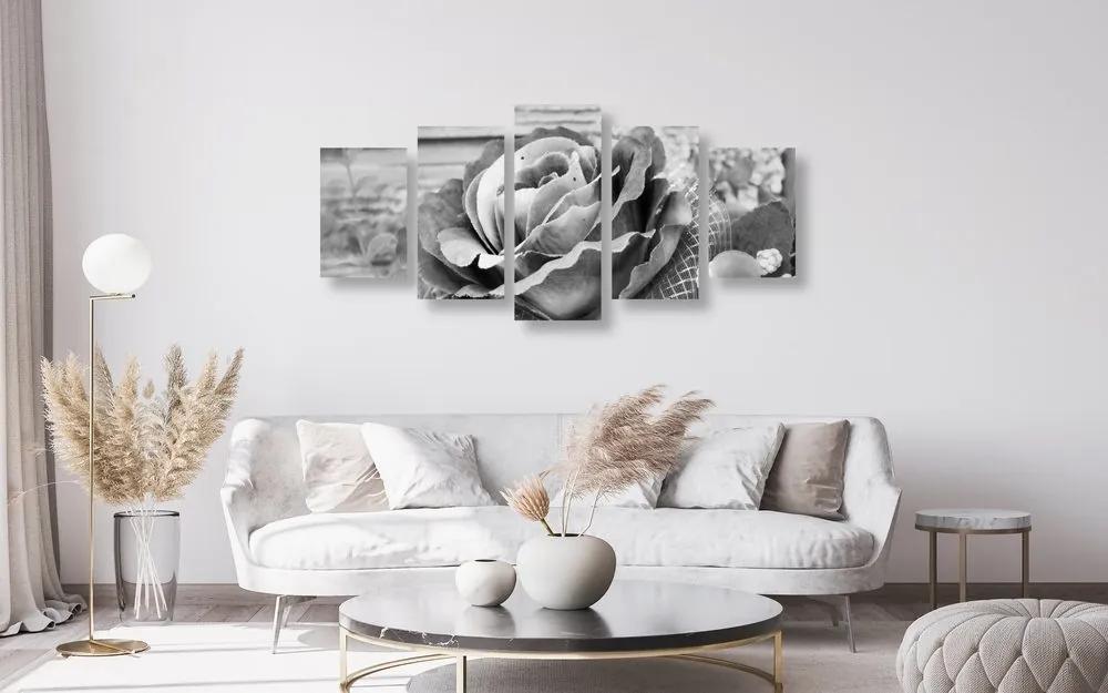 5-dílný obraz elegantní vintage růže v černobílém provedení - 100x50 cm