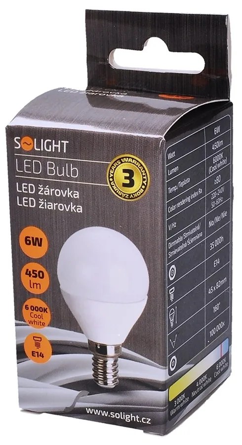 Solight LED žárovka, miniglobe, 6W, E14, 6000K, 450lm