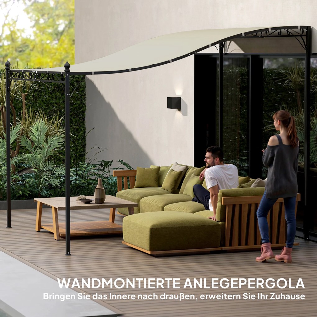 pergola 3 x 2,5 m, nástěnný zahradní pavilon, odolný proti vodě, kovový rám, odtokové otvory, stínící střecha, krémově bílá barva