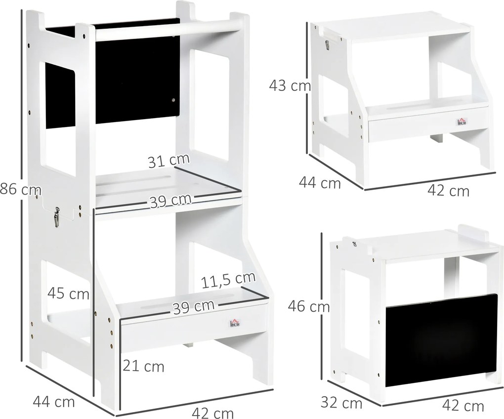 HOMCOM 2v1 Učící Věž Dětský Stolička pro 3+ Let, Převoditelná na Stůl s Tabulí a Bezpečnostním Příčným 42x44x86 cm Bílá