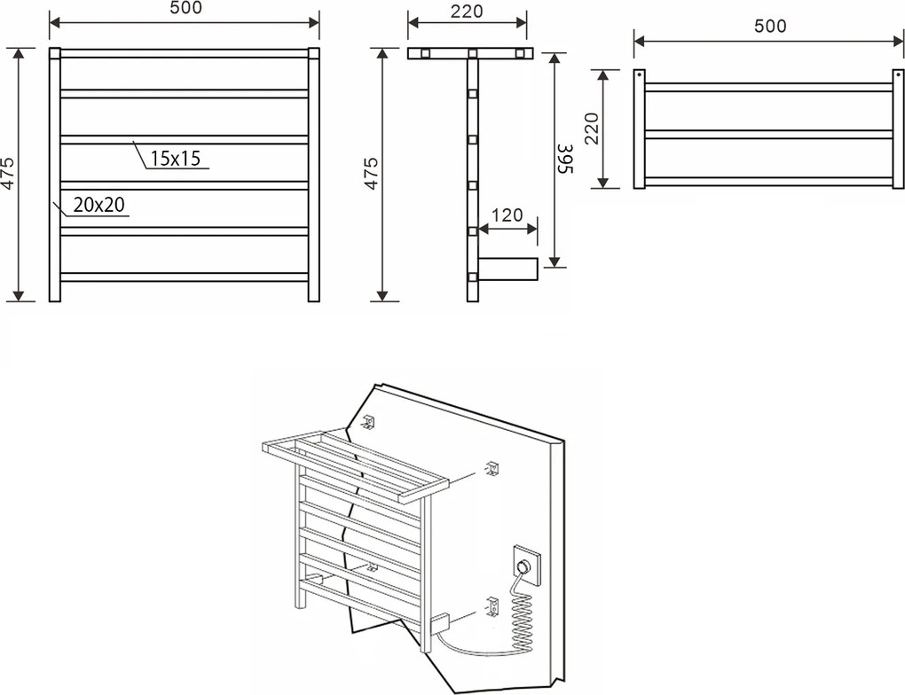 Sapho, ELZOR Elektrický sušák ručníků 500x470mm, 60W, černá matná, EB510