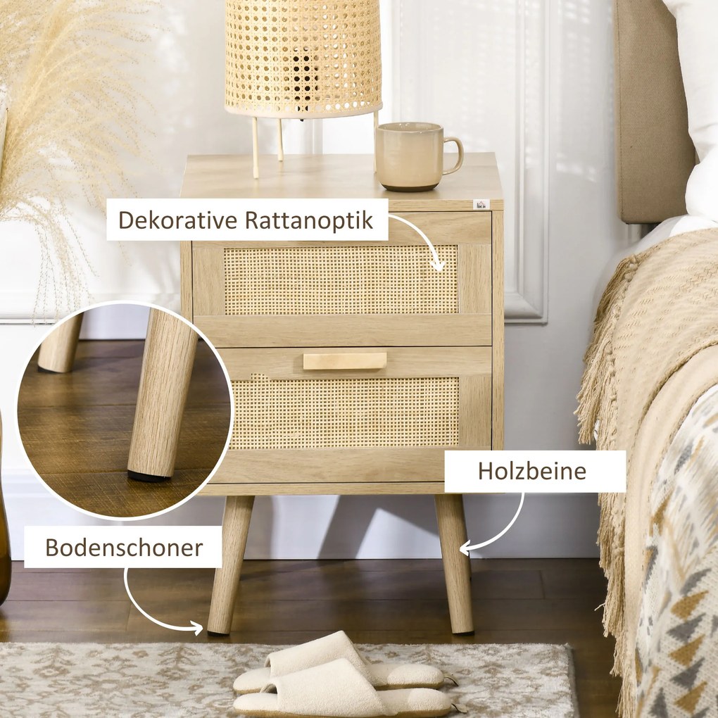 HOMCOM Set 2 Nočních Stolků, Boční Stoly, 2 Zásuvky s Ratanovými Předními Stranami, Boho Styl, Noční Stolky, Nohy z Přírodního Borového Dřeva