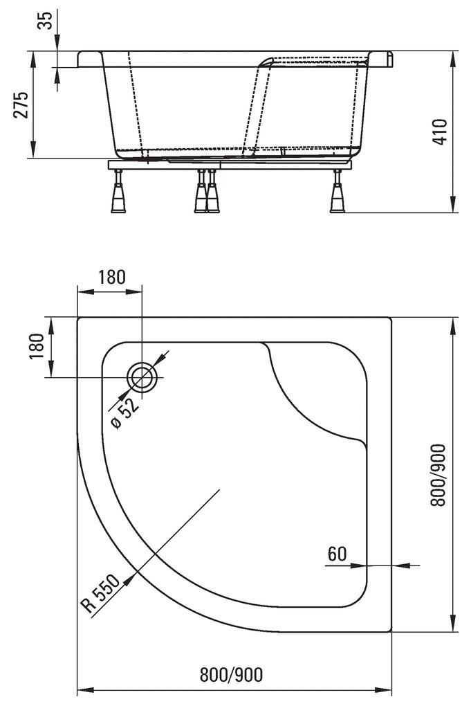 Deante Deep, čtvrtkruhová akrylátová vanička s montážní soupravou pod vaničku 80x80x41 cm, hloubka 28cm, bílá, KTD_042B