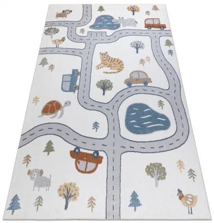 Dětský kusový koberec BONO 8283 Uličky Zvířatka pratelný krémový světle šedý Rozměr: 80x150 cm