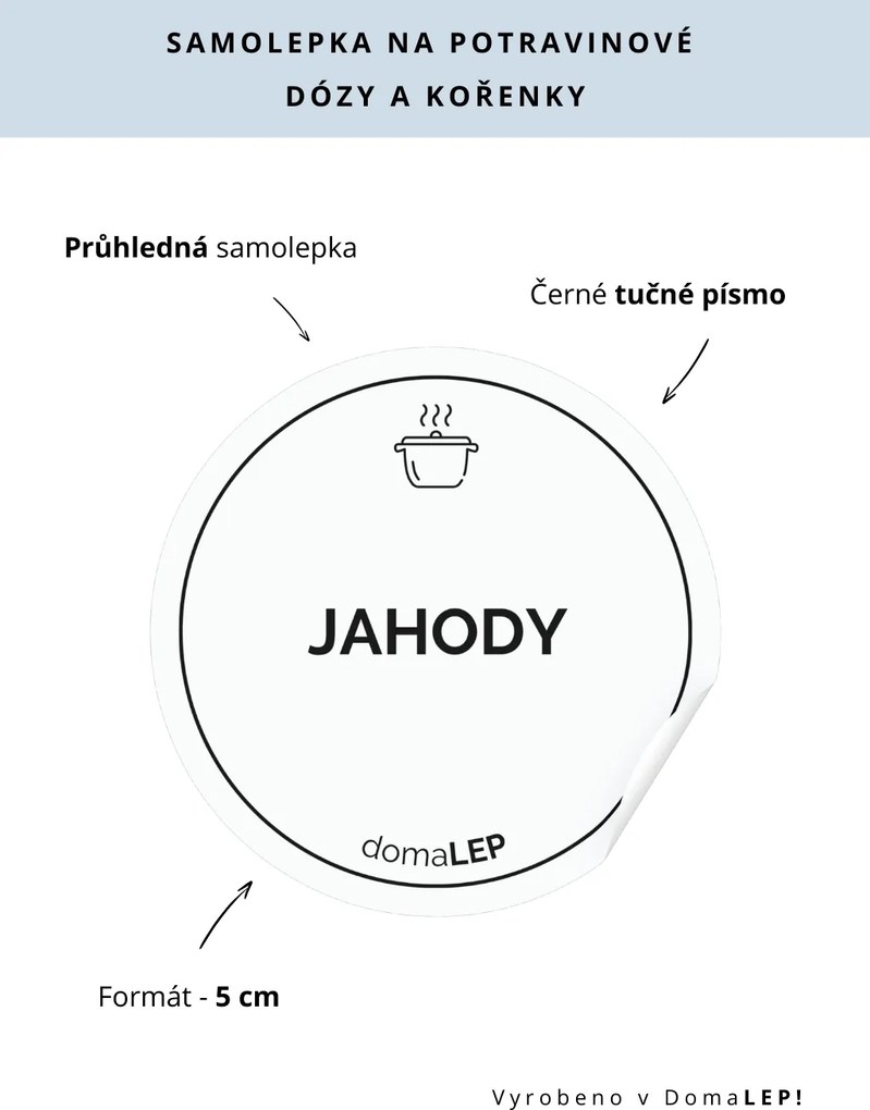 JAHODY – průhledná samolepka na dózu, tučné písmo, 5 cm | DomaLEP