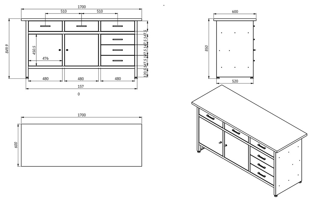 Pracovní stůl se zásuvkami a skříňkou HENRY, 1700 x 850 x 600 mm, antracitově modrý
