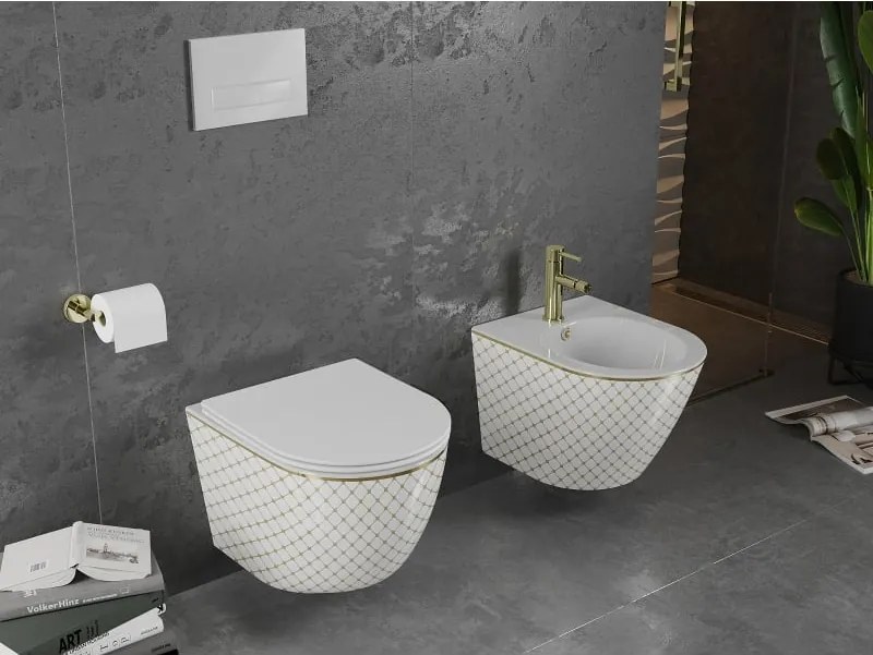 Mexen Lena WC mísa Rimless s pomalu zavíracím slim duroplastovým prkénkem, bílá/zlatá vzor mřížka - 30224009