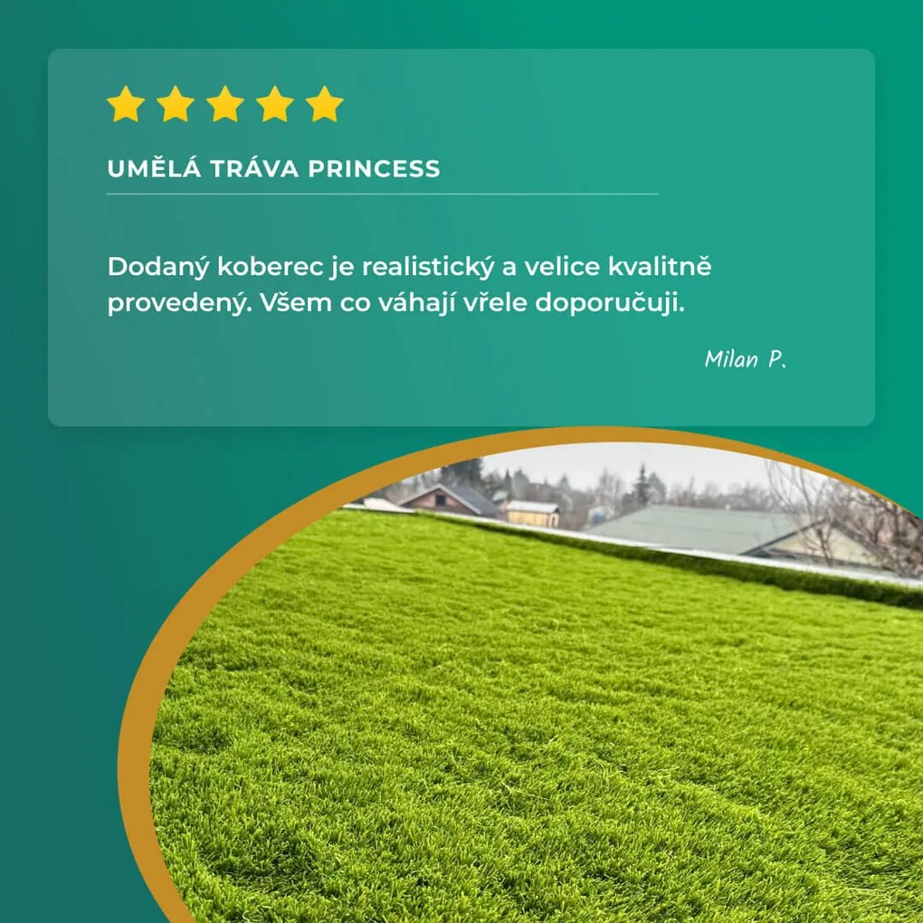Artificial grass specialists, Umělá tráva Princess, vyříznout kruh, šíře 4m, zelená