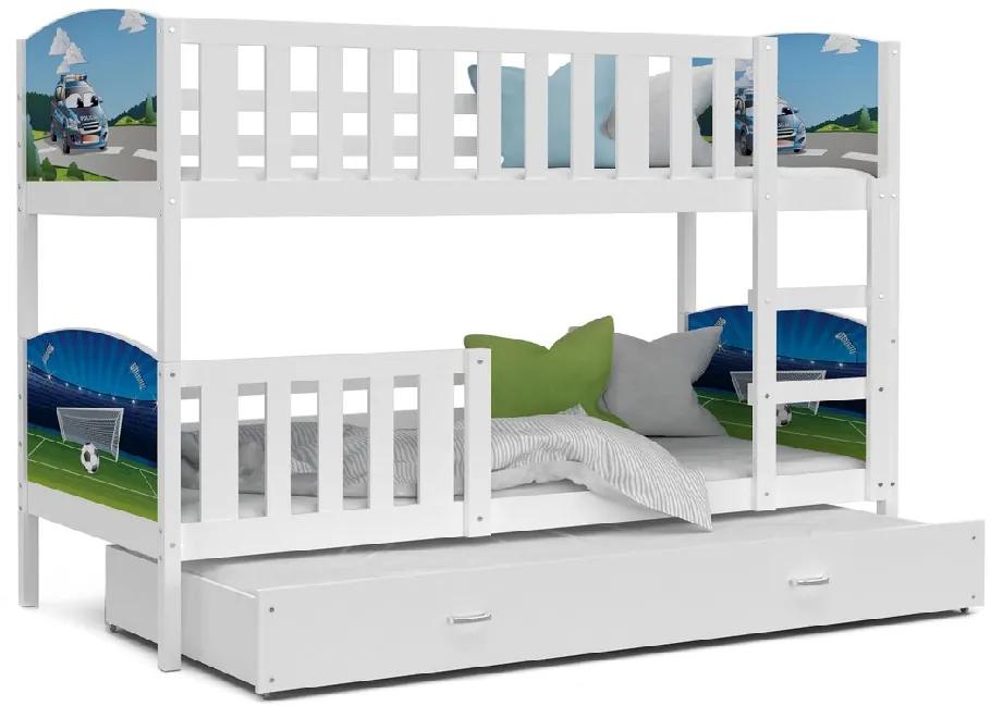 Expedo Dětská patrová postel DOBBY 3 COLOR s potiskem + matrace + rošt ZDARMA, 190x80, bílá/vzor D01/H08