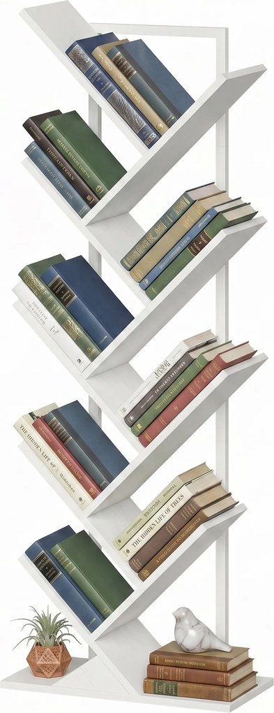 HOMCOM Tree-Shaped 9-Tier Slim Bookshelf, Corner/Storage Shelf for CDs, DVDs, Vinyl, Living Room, Bedroom, Office, White | Aosom