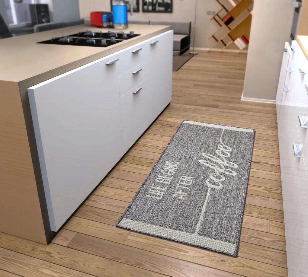 Hanse Home, Běhoun Cucina Life Begins After Coffee 105627 Grey Cream, 92x150, šedá, kuchyně