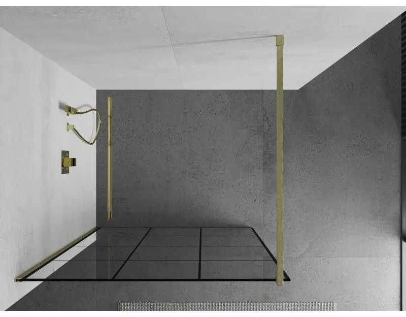 Mexen Kioto, sprchová zástěna Walk-In 120 x 200 cm, 8mm čiré sklo černý vzor, ​​zlatý matný profil, 800-120-101-55-77