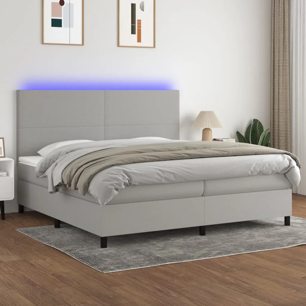 Box spring postel s matrací a LED světle šedá 200x200 cm textil 3134741