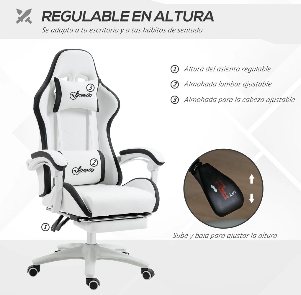 Vinsetto Herní Židle Racing Gamer Židle z PU Kůže s Nastavitelnou Výškou, Sklopením 135°, Opěrkou Hlavy, Bederní Opěrkou a Výsuvnou Opěrkou na Nohy p…