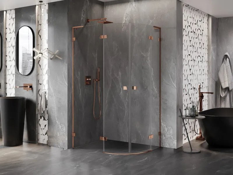 Mexen Lunar, L půlkruhový výklopný sprchový kout levý 90 x 80 cm, 8mm čiré sklo, profil růžové zlato, 833L-090L-080P-60-00