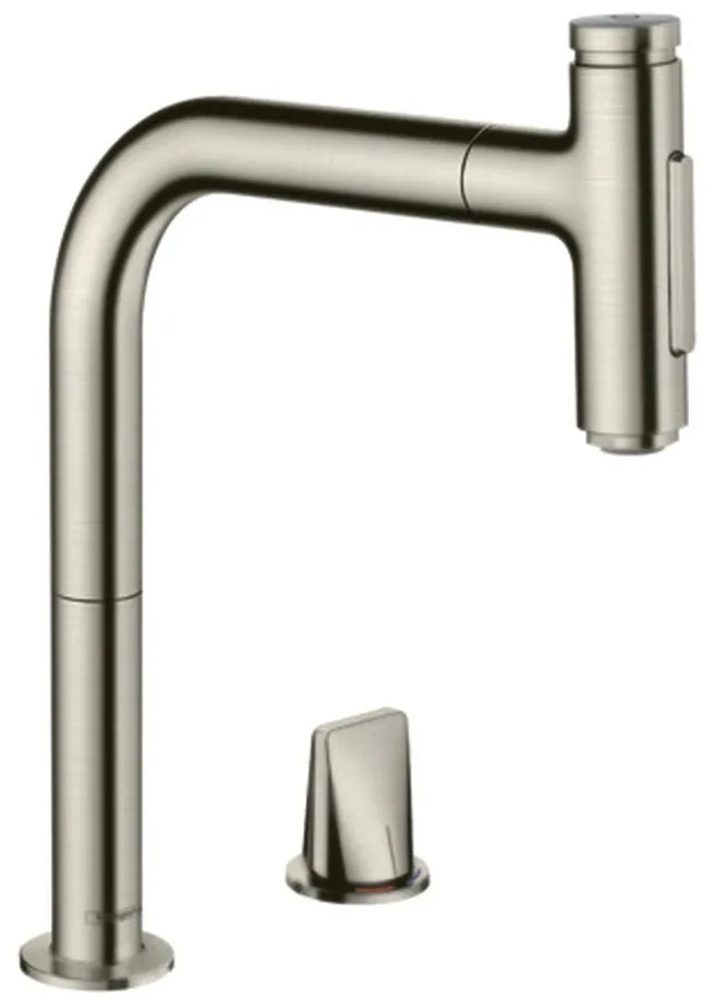 Hansgrohe Metris Select M71, dvouotvorová páková kuchyňská baterie s vytahovací sprškou, vzhled nerezu, HAN-73819800