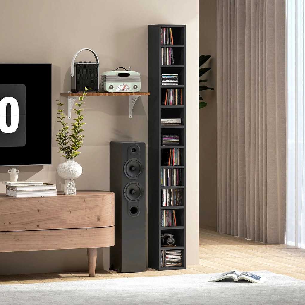 HOMCOM sloupový regál na CD a DVD, 12 přihrádek, pojme až 204 disků, 21 × 20 × 175 cm, černý