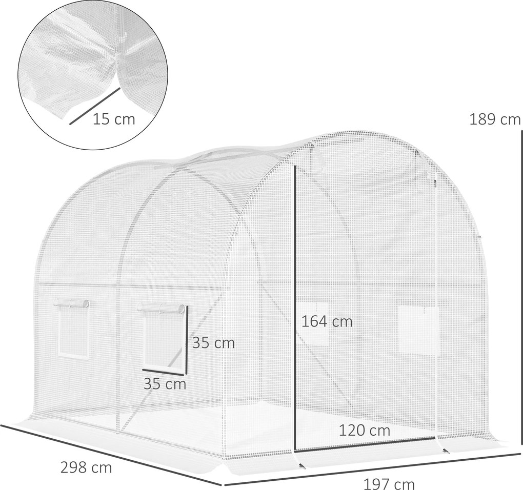 Skleník pochodový tůnel Outsunny 6 m² 3D x 2Š x 1.9V m, Zpevněná pozinkovaná ocel průměr 2.4 cm + Okna z vysokohustotního PE, Bílý