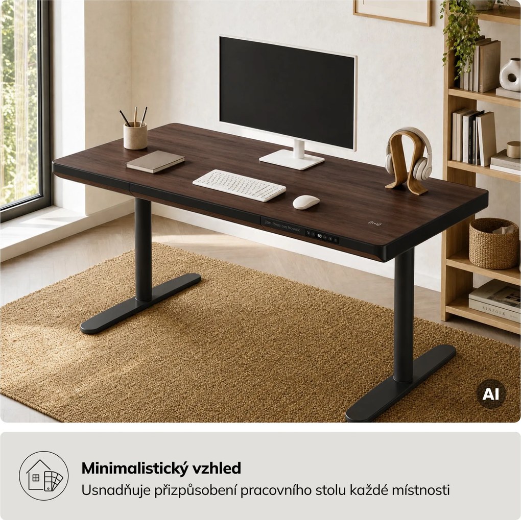 Elektrický psací stůl sit-stand se zásuvkou a bezdrátovou nabíječkou Qi černý/ořech, 1400 mm: ELLIS