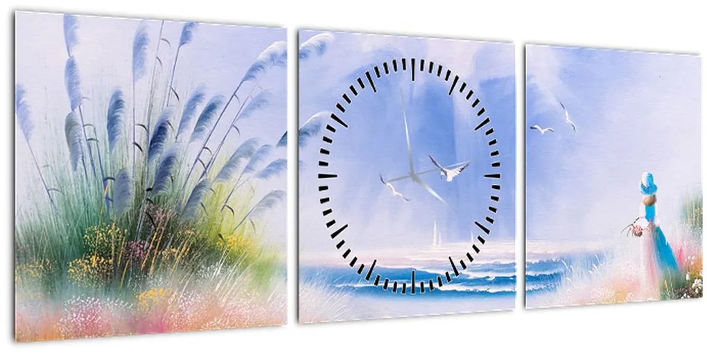 Obraz - Romantická pláž, olejomalba (s hodinami) (90x30 cm)