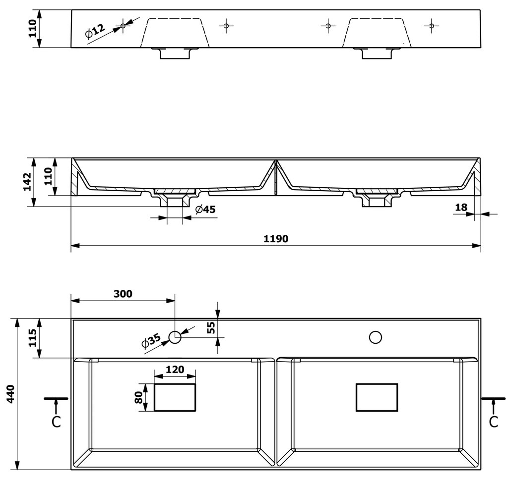 Sapho, GODIVA dvojumyvadlo 119x44cm, litý mramor, bílá, GU119