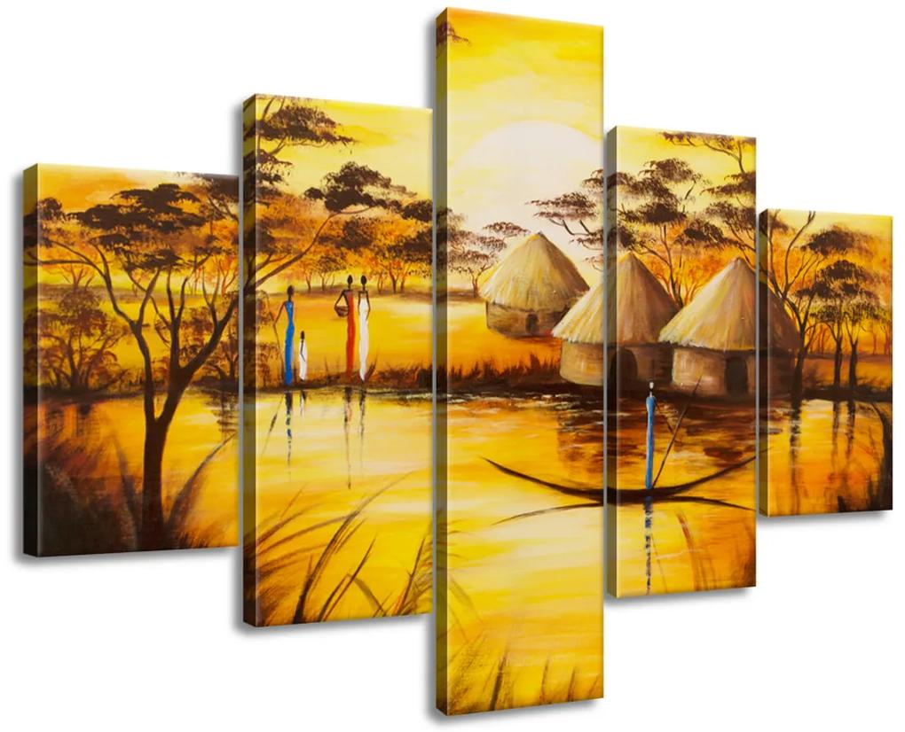 Gario Ručně malovaný obraz Africká vesnice - 5 dílný Rozměry: 150 x 70 cm