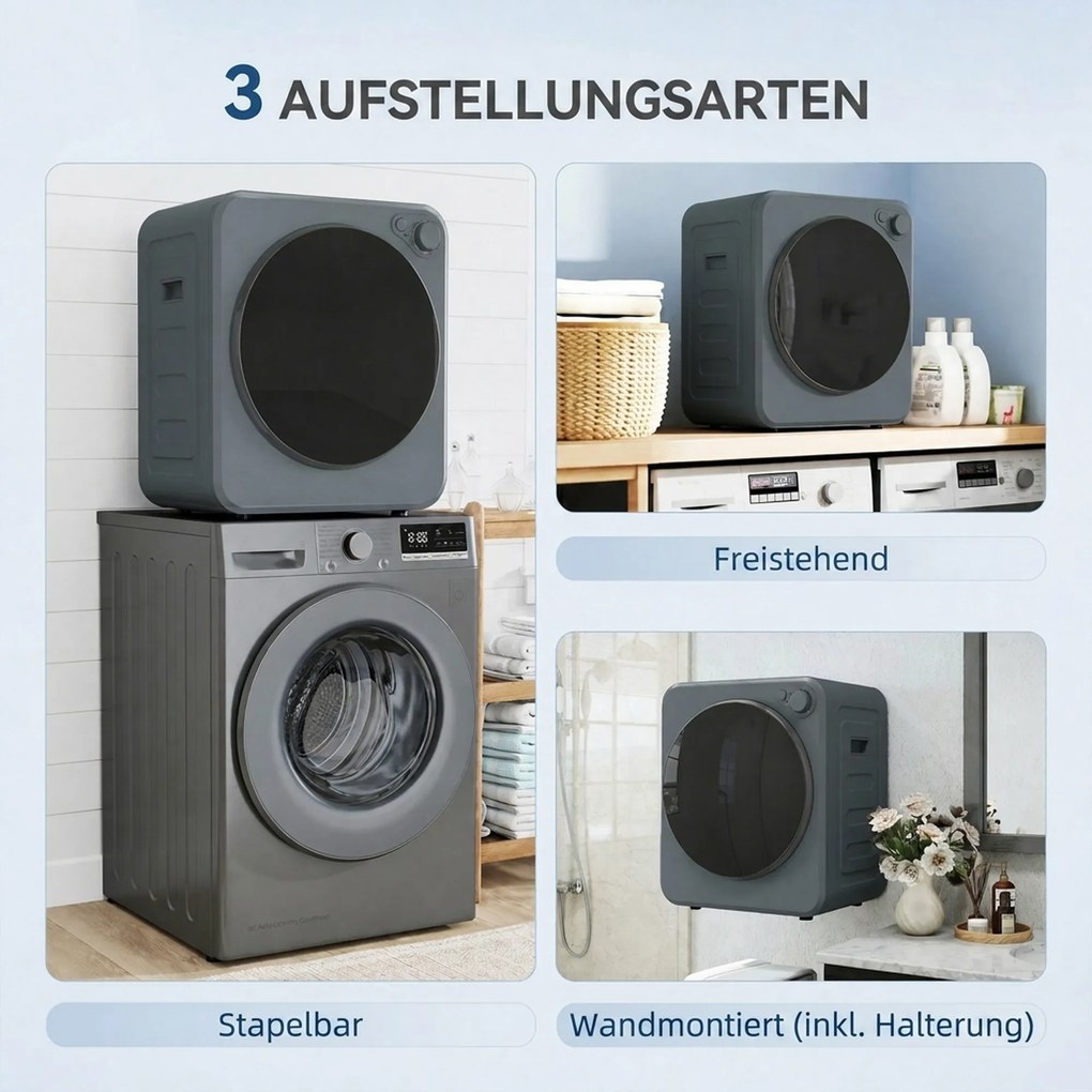 HOMCOM Mini sušička prádla 4 kg s 5 programy až do 60℃ 800W/400W odvětrávací sušička s nerezovým bubnem šedá