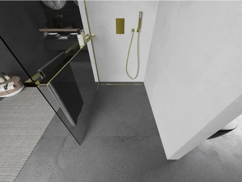 Mexen Kioto+ L, sprchová zástěna Walk-In s poličkou a věšákem 80 x 200 cm, 8mm čiré sklo, zlatý lesklý profil, 800-080-123-50-00