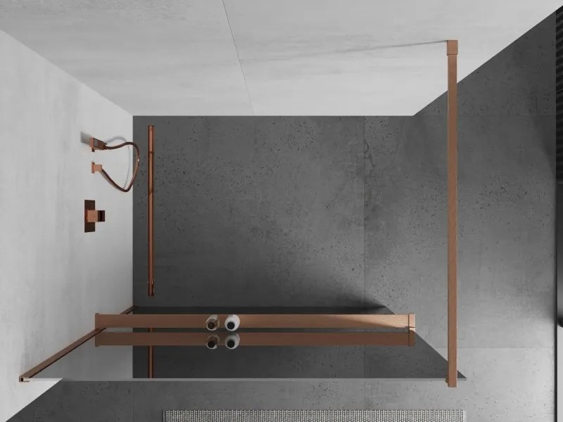 Mexen Kioto+, sprchová zástěna Walk-In s poličkou a věšákem 140 x 200 cm, 8mm sklo vzor zrcadlo, měděný matný profil, 800-140-121-65-50