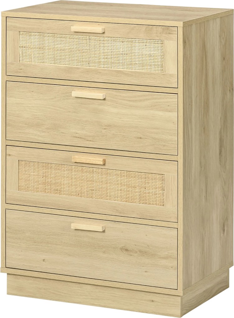 HOMCOM Noční stolek s rattanovými mřížkovými zásuvkami, bohémský styl, komoda do ložnice s protiskluzovým systémem 60x38x88,5 cm přírodní