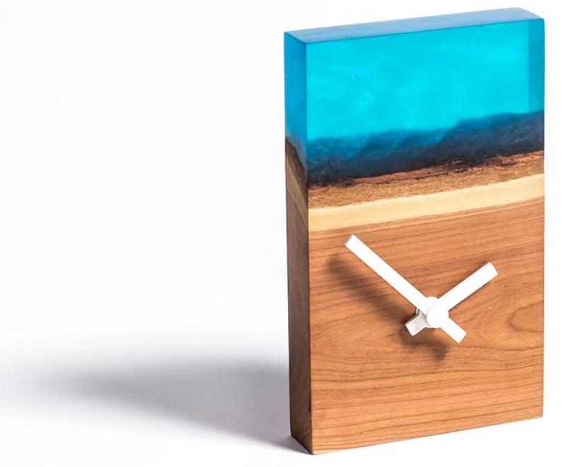 Stolní hodiny Epox block M, švestkové dřevo, modrá pryskyřice, bílé ručičky