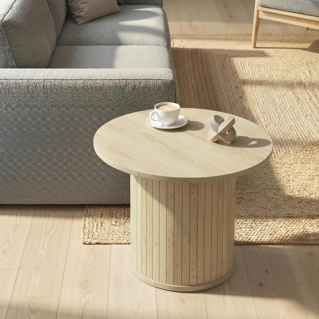 HOMCOM kulatý konferenční stolek s podstavcem ve tvaru sloupu a lamelami pro obývací a ložnicový pokoj Ø60x40 cm, přírodní