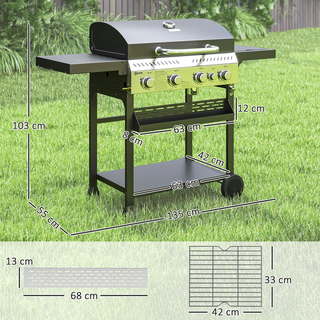 Outsunny Plynový gril, BBQ gril, 4 hlavní hořáky, 1 boční hořák, 1 udržovací plotna; 135 x 55 x 103 cm, černá