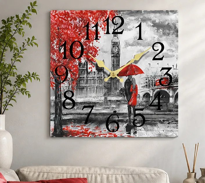 nástěnné hodiny, čtvercové, dřevo, 25x25 cm, vzor láska v dešti, Dekorino HN20260015