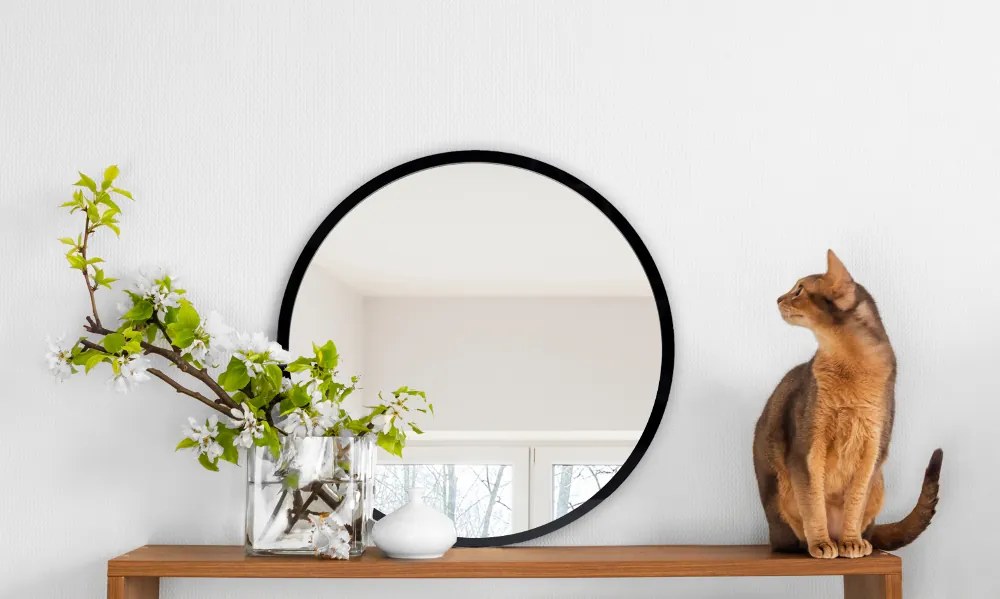 Kulaté zrcadlo do obývacího pokoje v černém rámu fi 80 cm