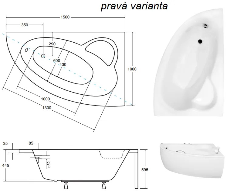 Besco Natalia Premium 150x100 akrylátová vana včetně podhlavníku a úchytů Délka vany: 150cm, Orientace: Pravá