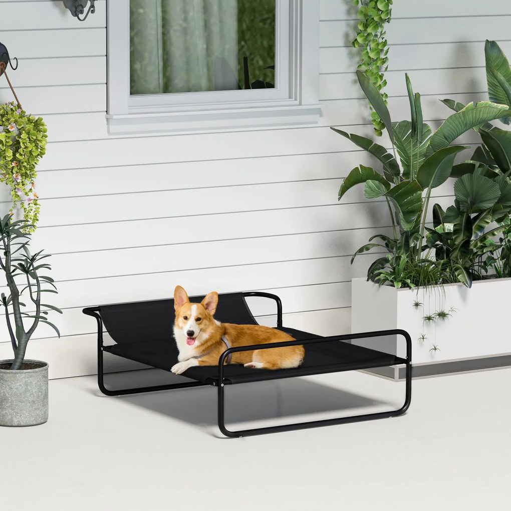 PawHut Dog Lounger Outdoor, vyvýšený pelíšek pro psy s prodyšným síťovaným potahem, pelíšek pro malé a střední psy černý 91 x 69 x 29 cm