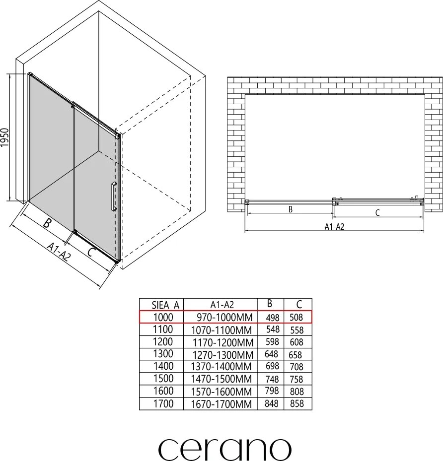 CERANO - Sprchové posuvné dveře Lantono L/P - 8 mm - Soft-Close - černá matná, grafitové sklo - 100x195, CER-8050BD7235