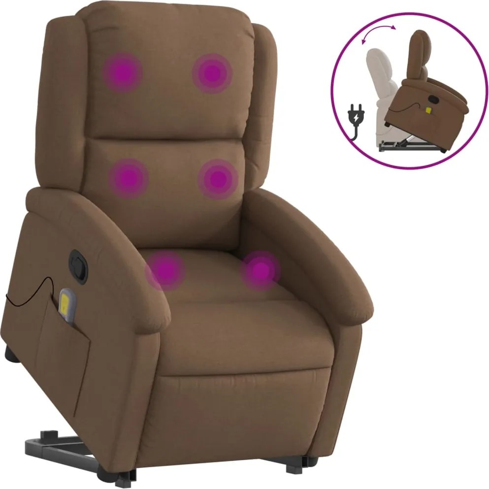 Zvedací masážní polohovací křeslo hnědé textil 3204180