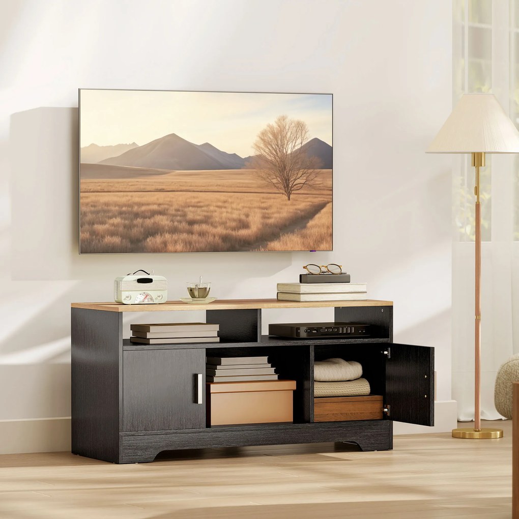 HOMCOM TV stolek ze dřeva s 2 nikami, 2 skříňkami s dvířky, 1 otevřenou skříňkou, 105 x 40 x 52 cm, černý dekor dřeva