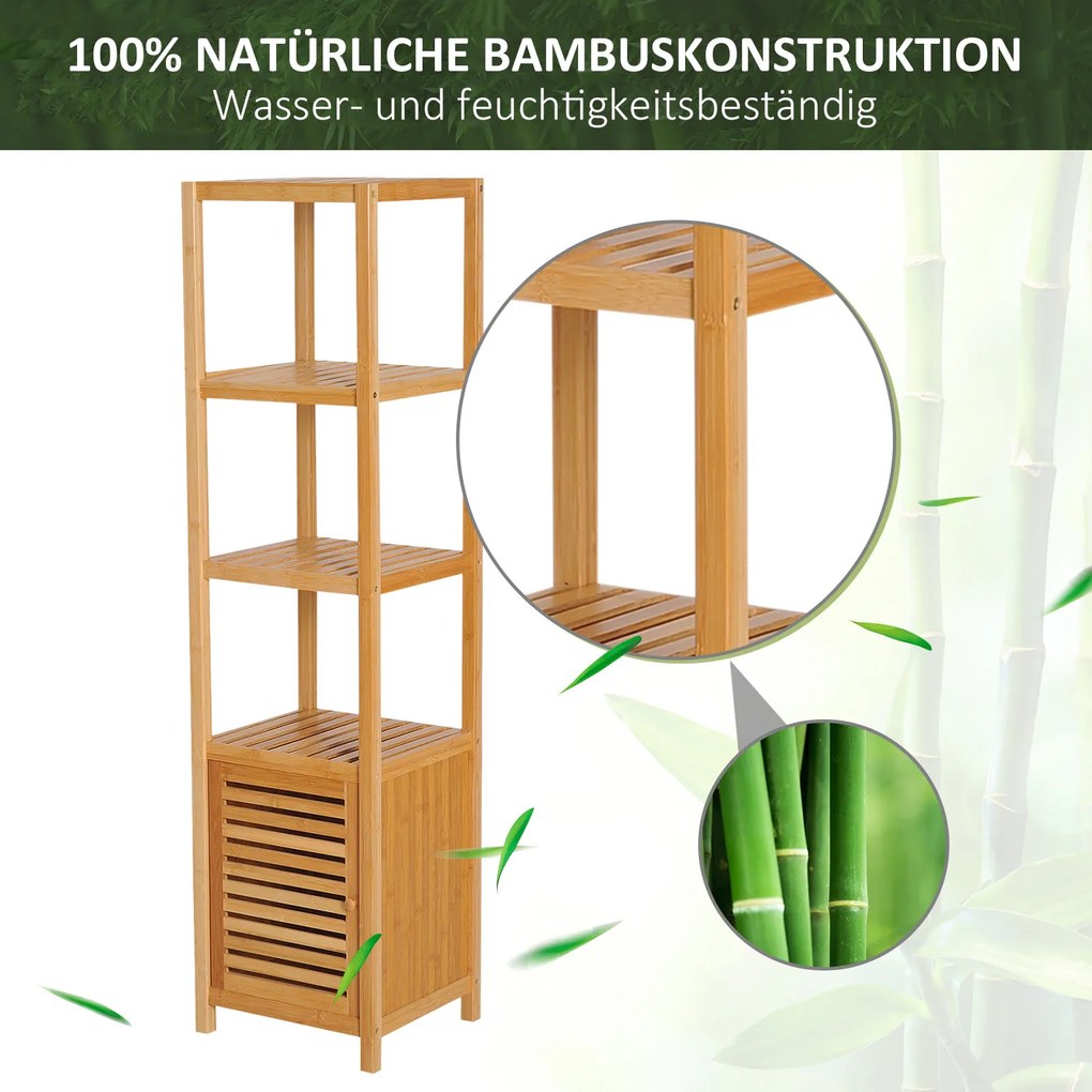 HOMCOM Koupelnová skříňka se 3 otevřenými přihrádkami z bambusu, toaletní skříňka přírodní 36x33x140cm pro optimální skladování