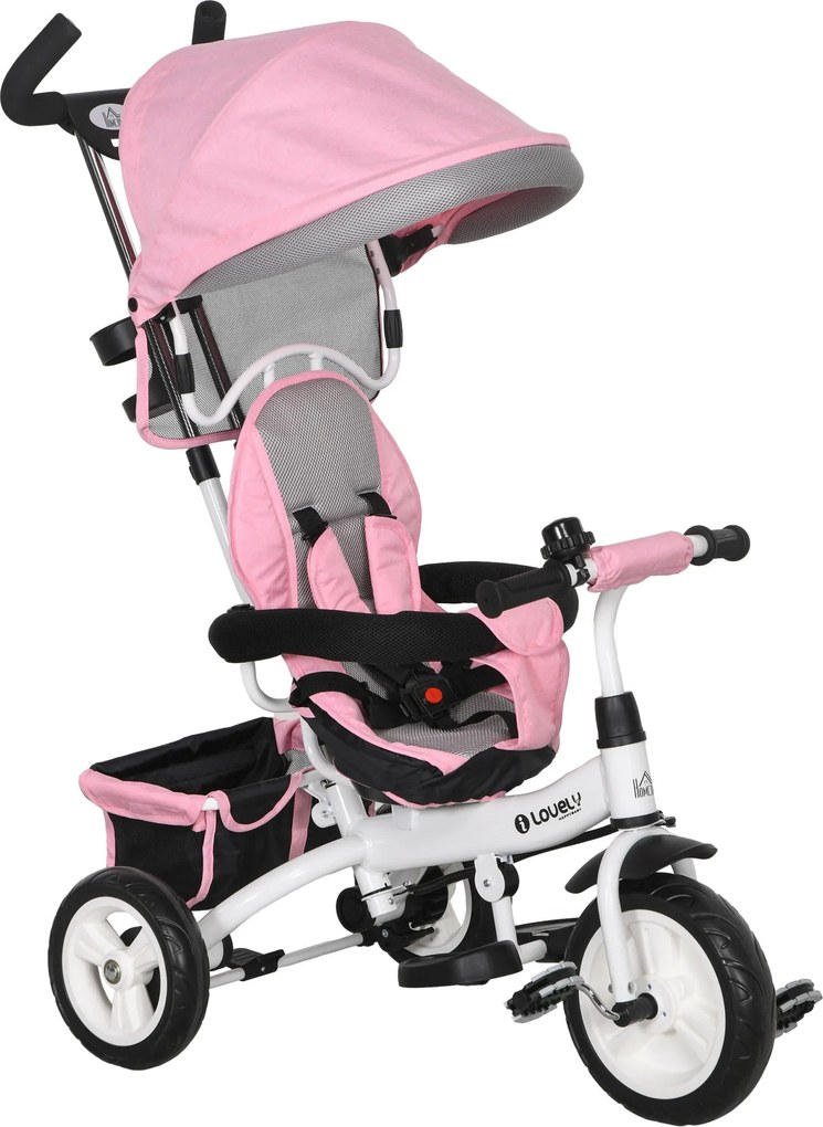 HOMCOM 6v1 Tříkolka s Ovládací Rukojetí, Dětská Tříkolka s Odnímatelnou Sluneční Bublinou, Balance Bike s 5-bodovým Bezpečnostním Páskem, Košík, Držák