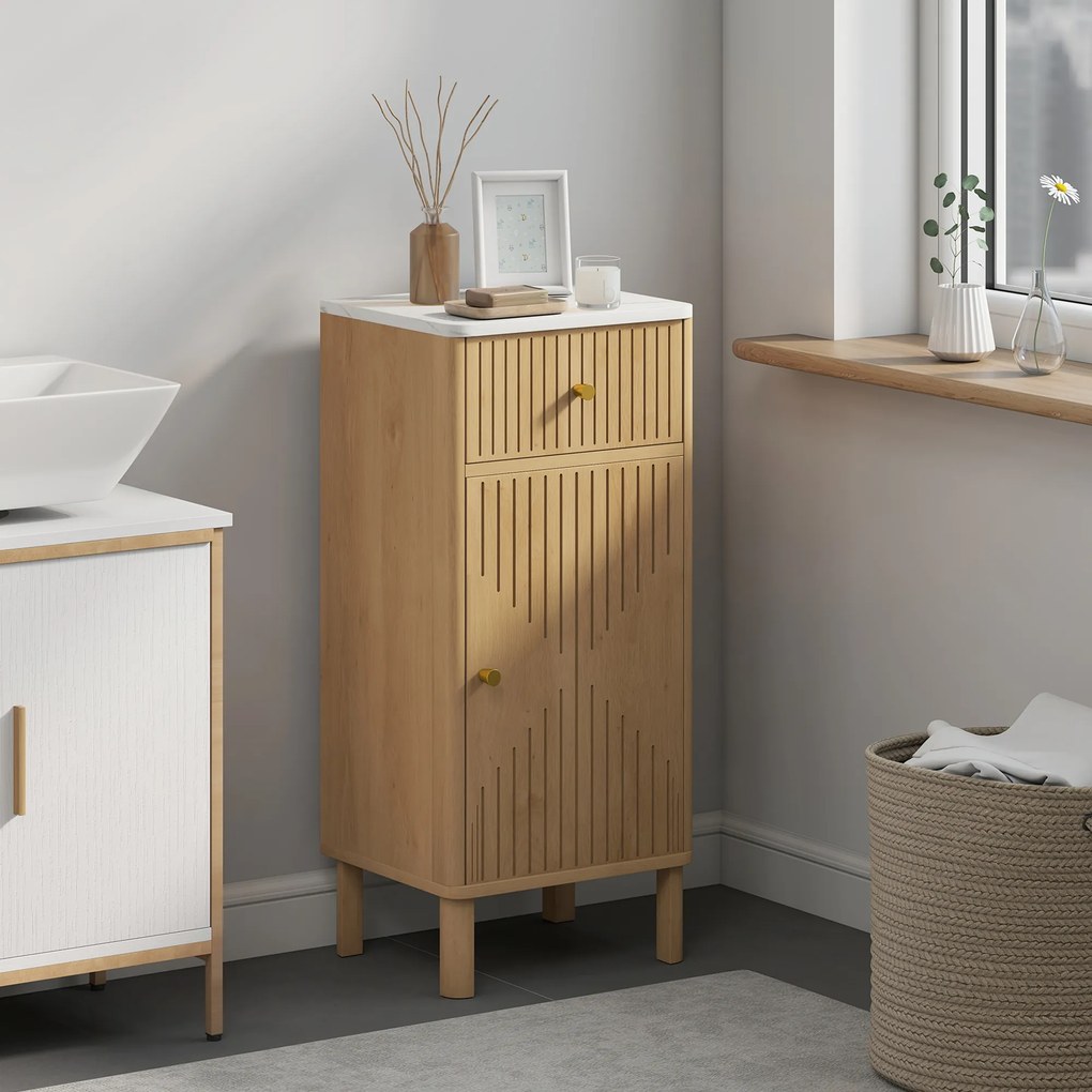 HOMCOM koupelnová skříňka, úložná skříňka s mramorovou efektní deskou a drážkovanými dveřmi, zásuvka 36 Š x 30 H x 80 V cm, dub