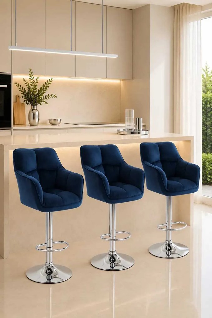 LuxuryForm DESIGN Barová židle AMALFI VELUR na stříbrné kulaté podstavě - modrá